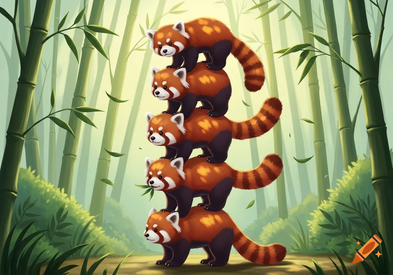 Five cute red pandas stacked on top of each other in a cartoon style ...