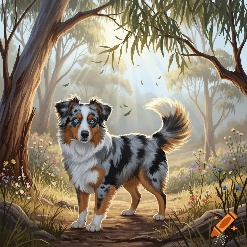 A tri-color merle mini Australian Shepherd dog with blue eyes stands on ...