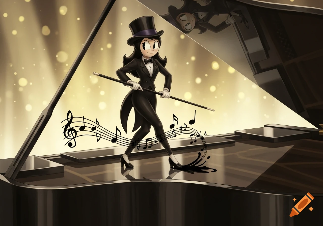Cartoon Alice Angel in a tuxedo and top hat tap dancing on a grand ...