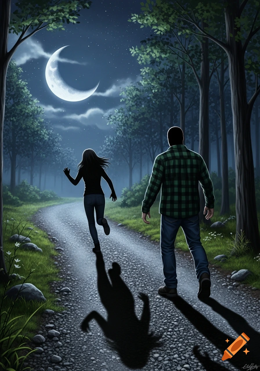 Illustration of a woman running on a gravel path through a moonlit ...