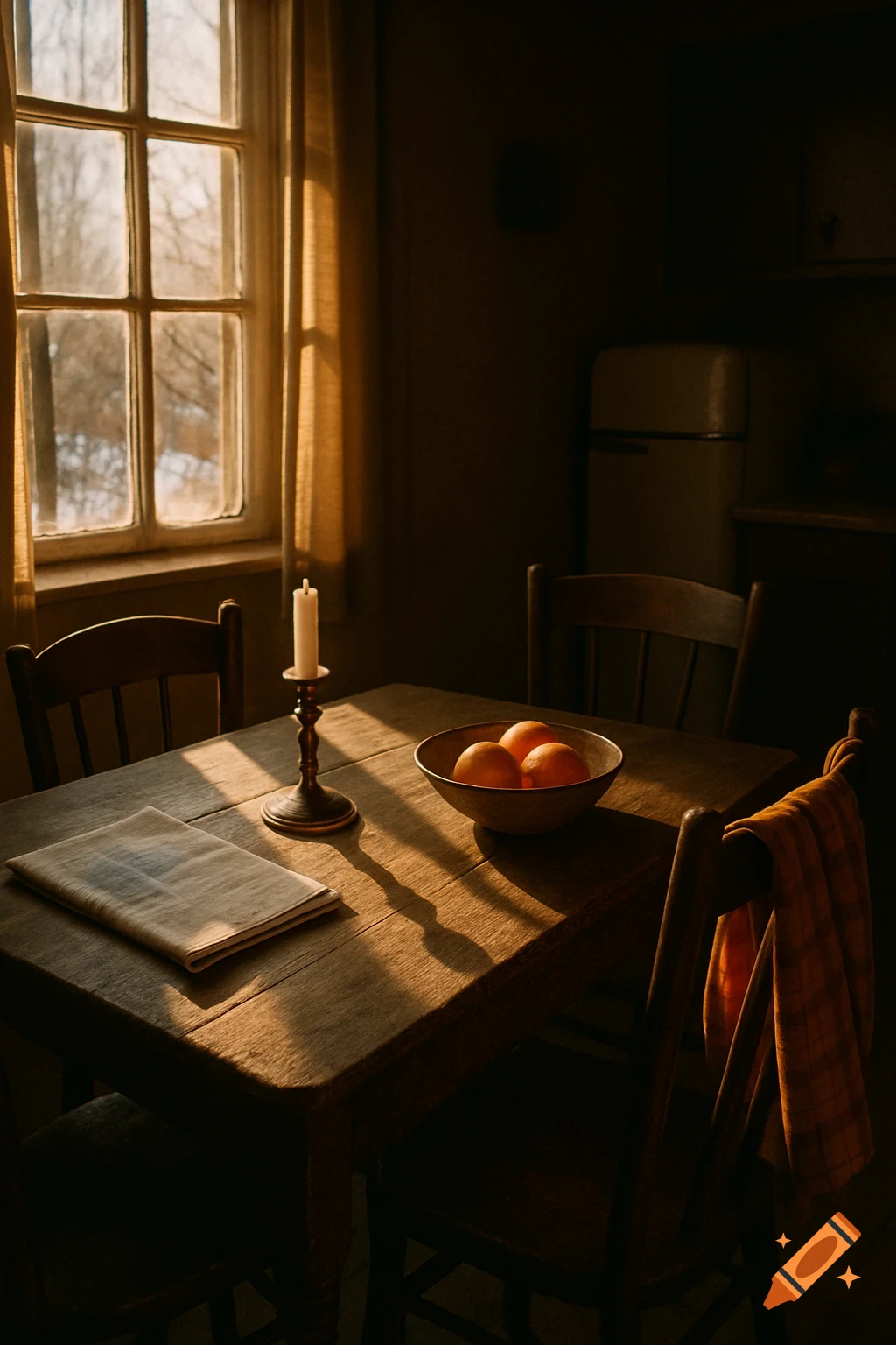 Warm winter sunlight illuminates a rustic wooden table with a ...