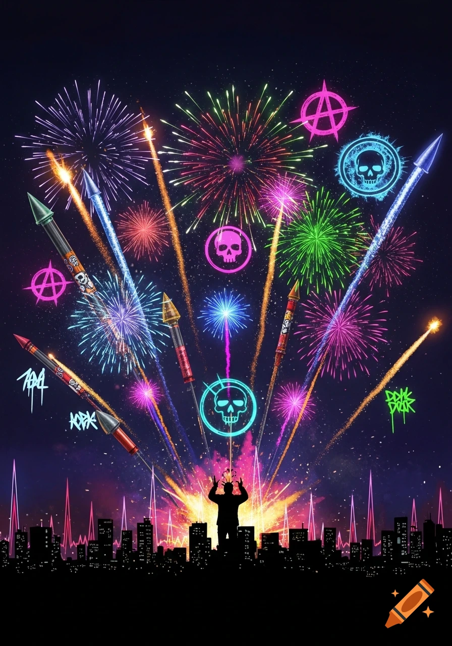 A vibrant digital artwork features colorful fireworks and neon punk ...