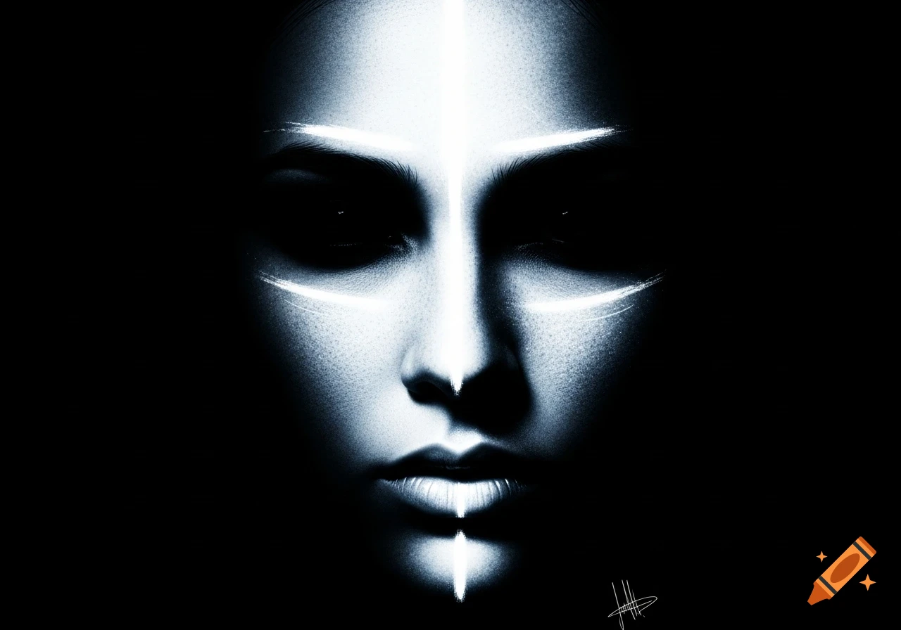 A high-contrast, black and white close-up of a face with harsh lighting ...
