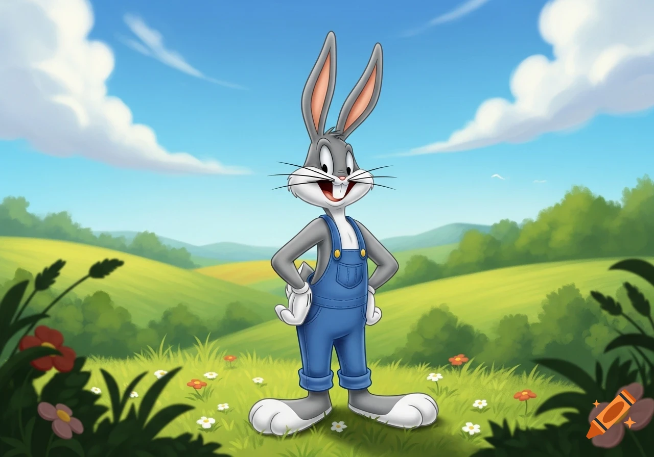 Bugs Bunny, a gray rabbit in blue overalls, stands smiling in a sunny ...
