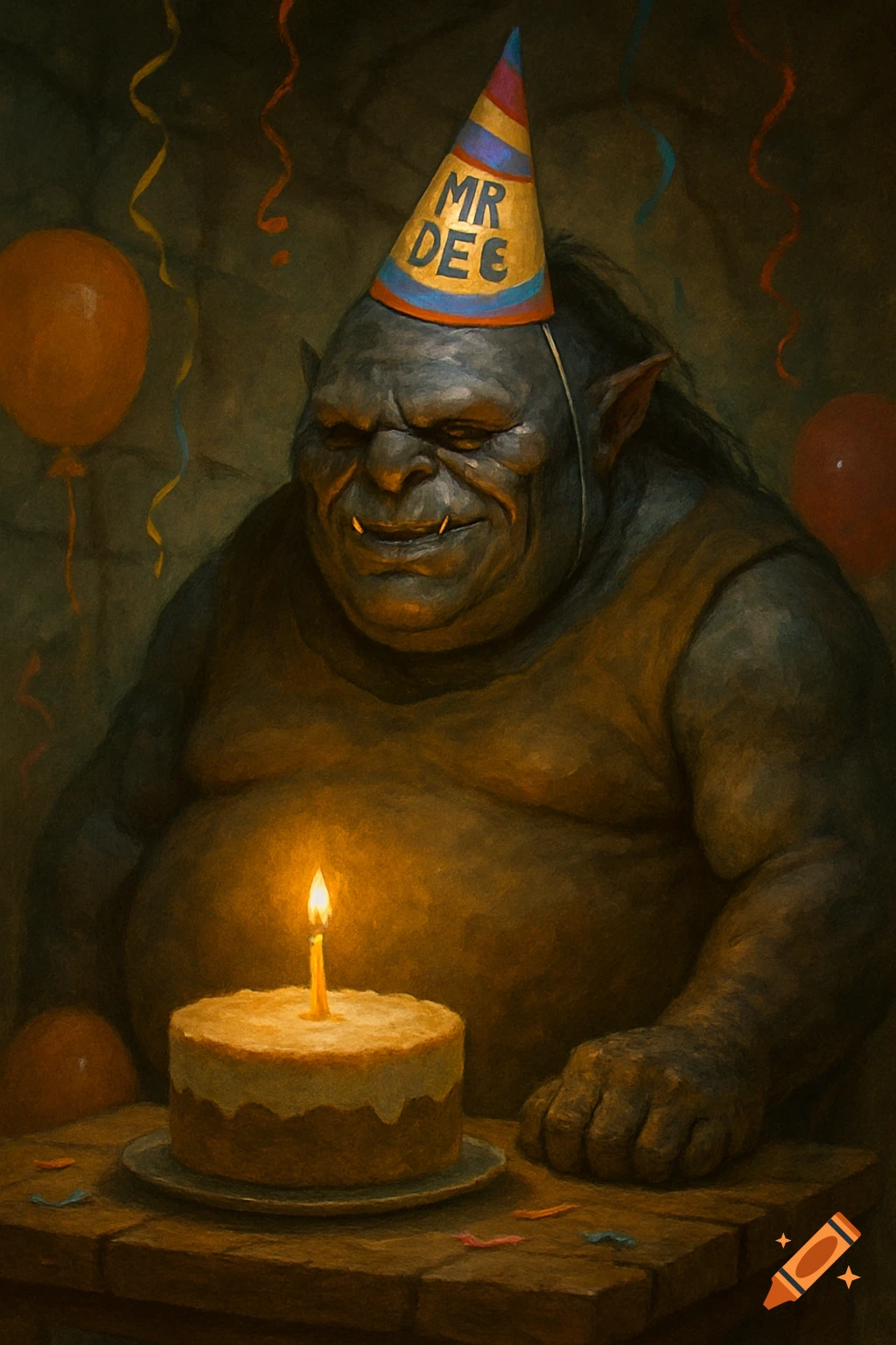 A large, grey, orc-like creature wearing a colorful party hat sits in a ...