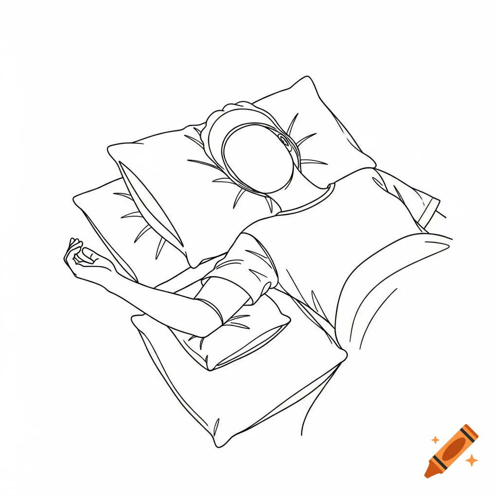 A line drawing of a person lying in bed, resting on several pillows ...