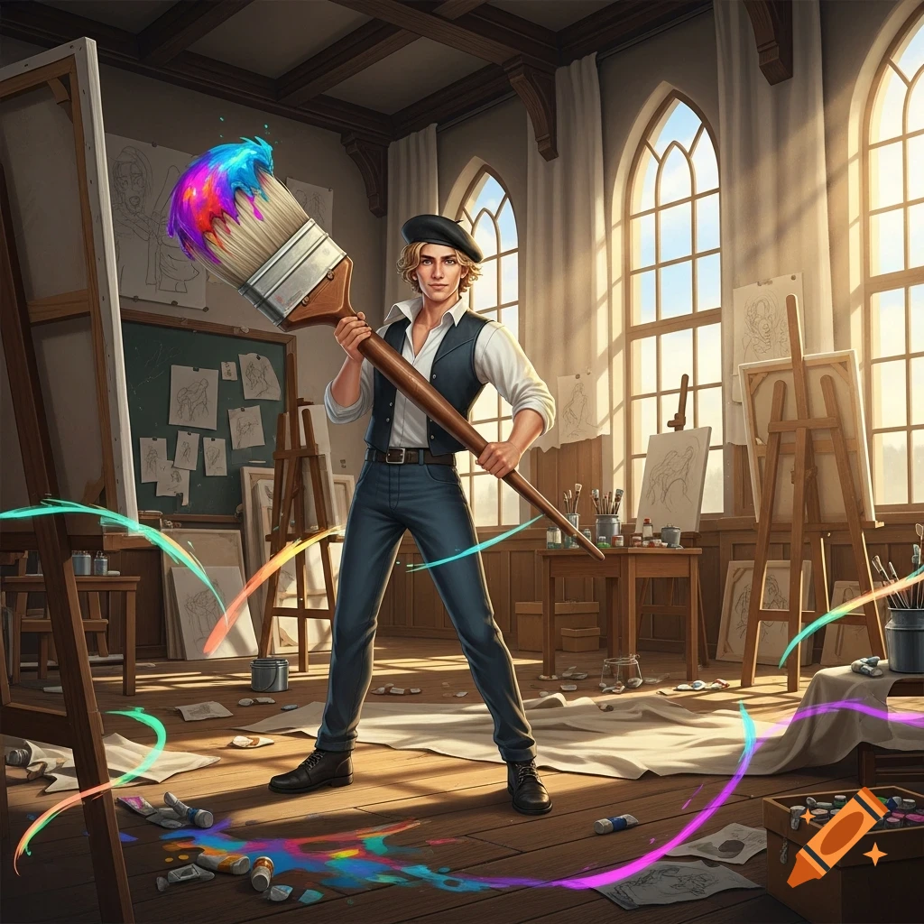 A male artist with a beret wielding a giant paintbrush filled with ...