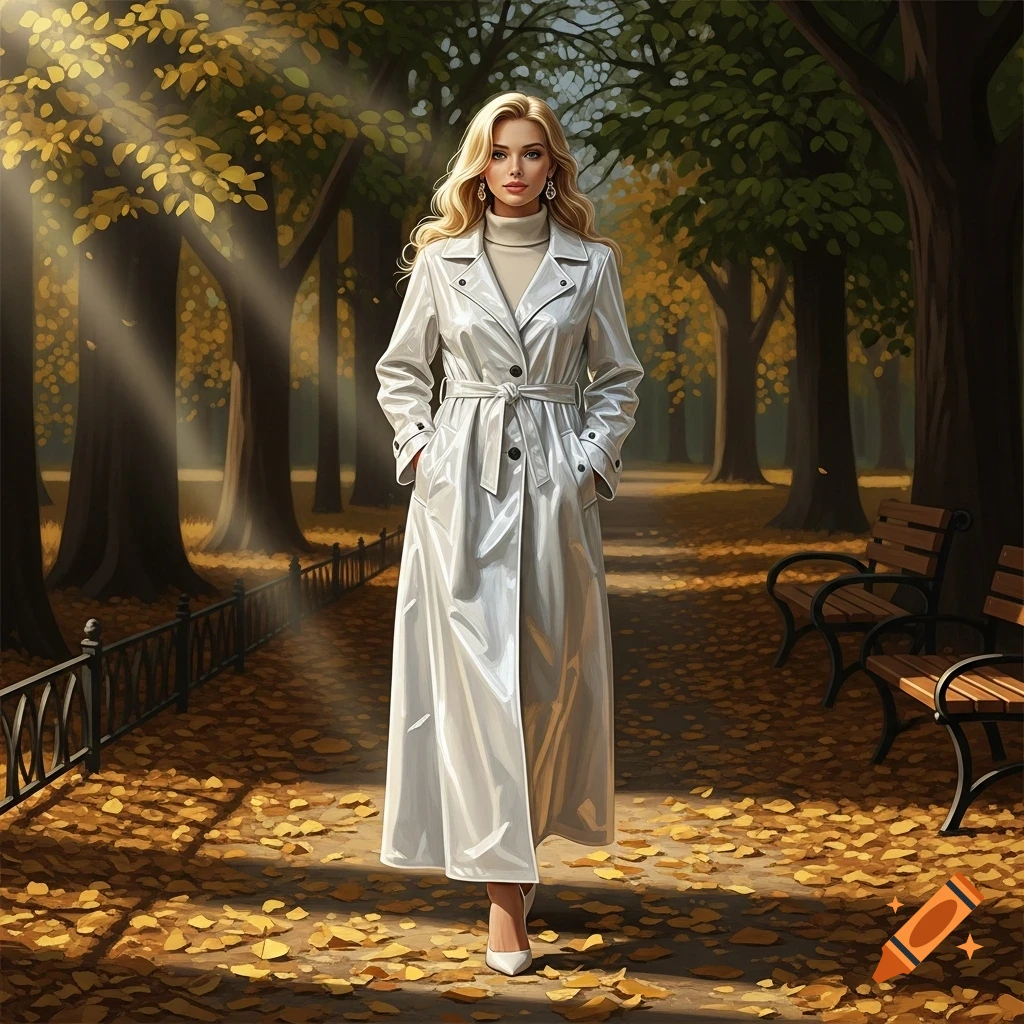 A blonde woman in a long, shiny white trench coat stands on an autumn ...