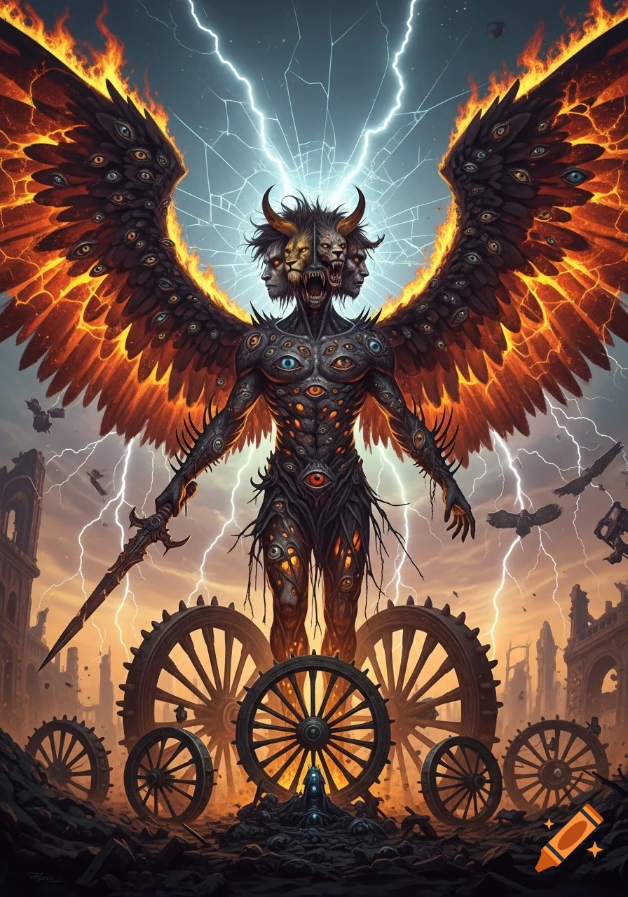 A multi-faced, multi-eyed demonic entity with fiery wings and wheels in ...