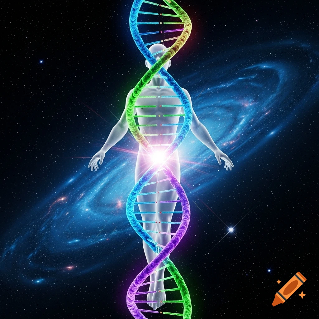 Translucent human figure intertwined with a glowing, colorful DNA helix ...