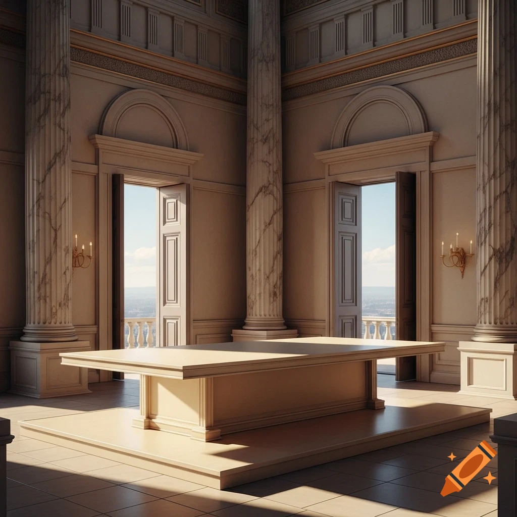 A grand room with a cream rectangular table on a platform, flanked by ...