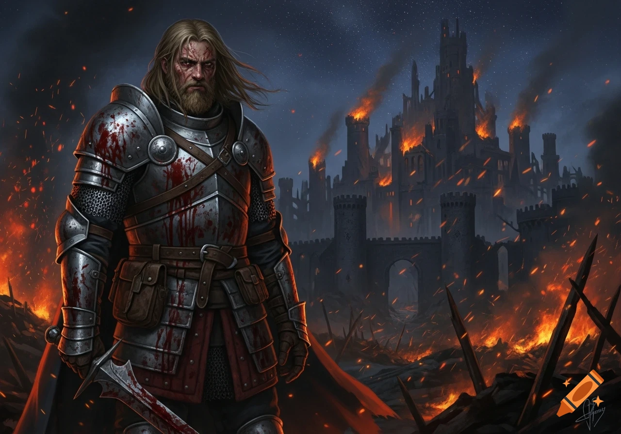 A blood-splattered knight with a beard stands before a burning ...