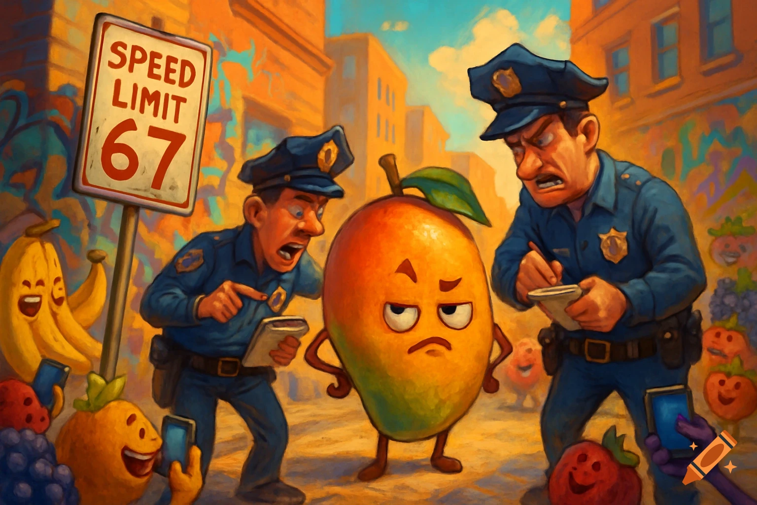 Cartoon police officers arrest an anthropomorphic mango next to a ...