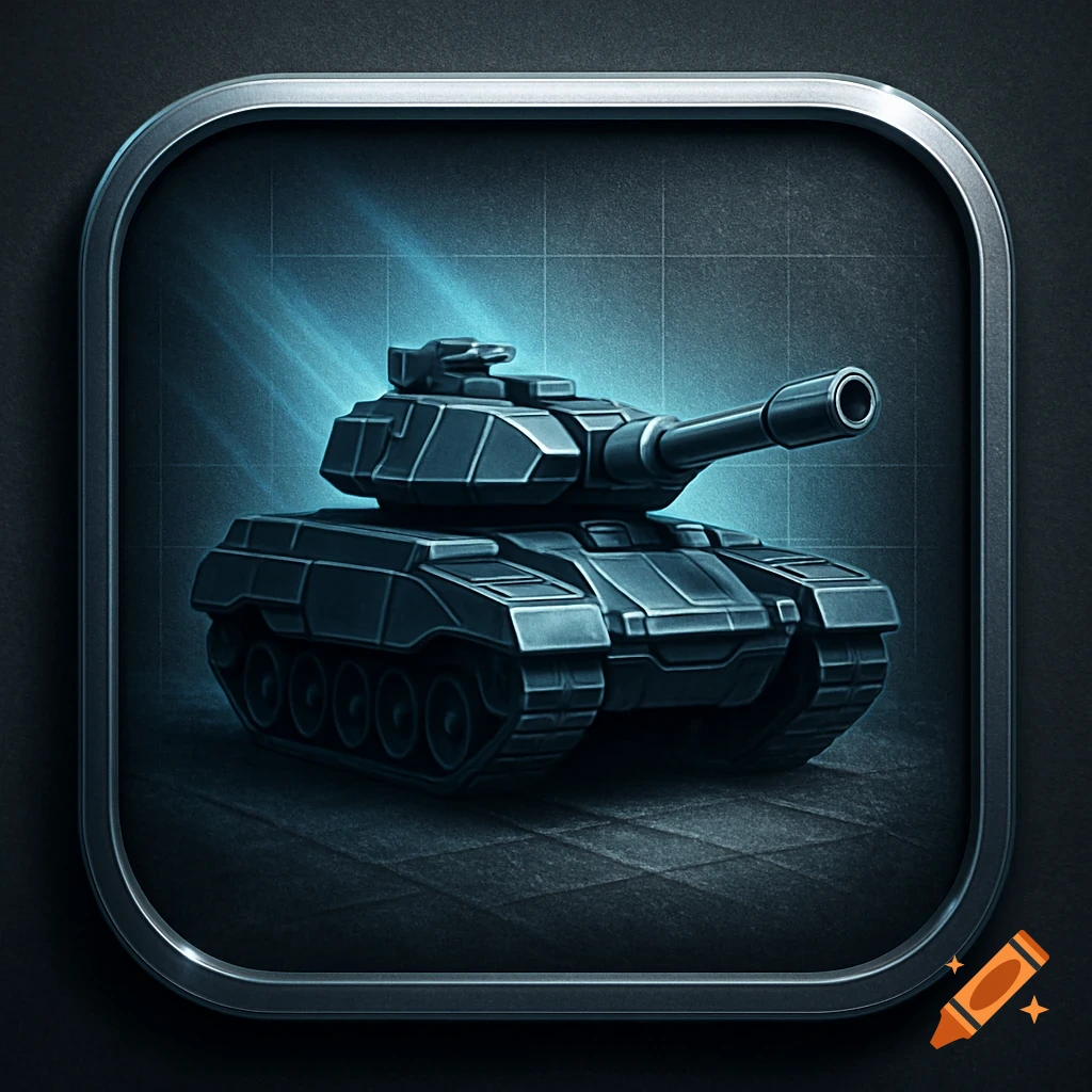 Stylized dark grey tank with blue lighting inside a metallic rounded ...