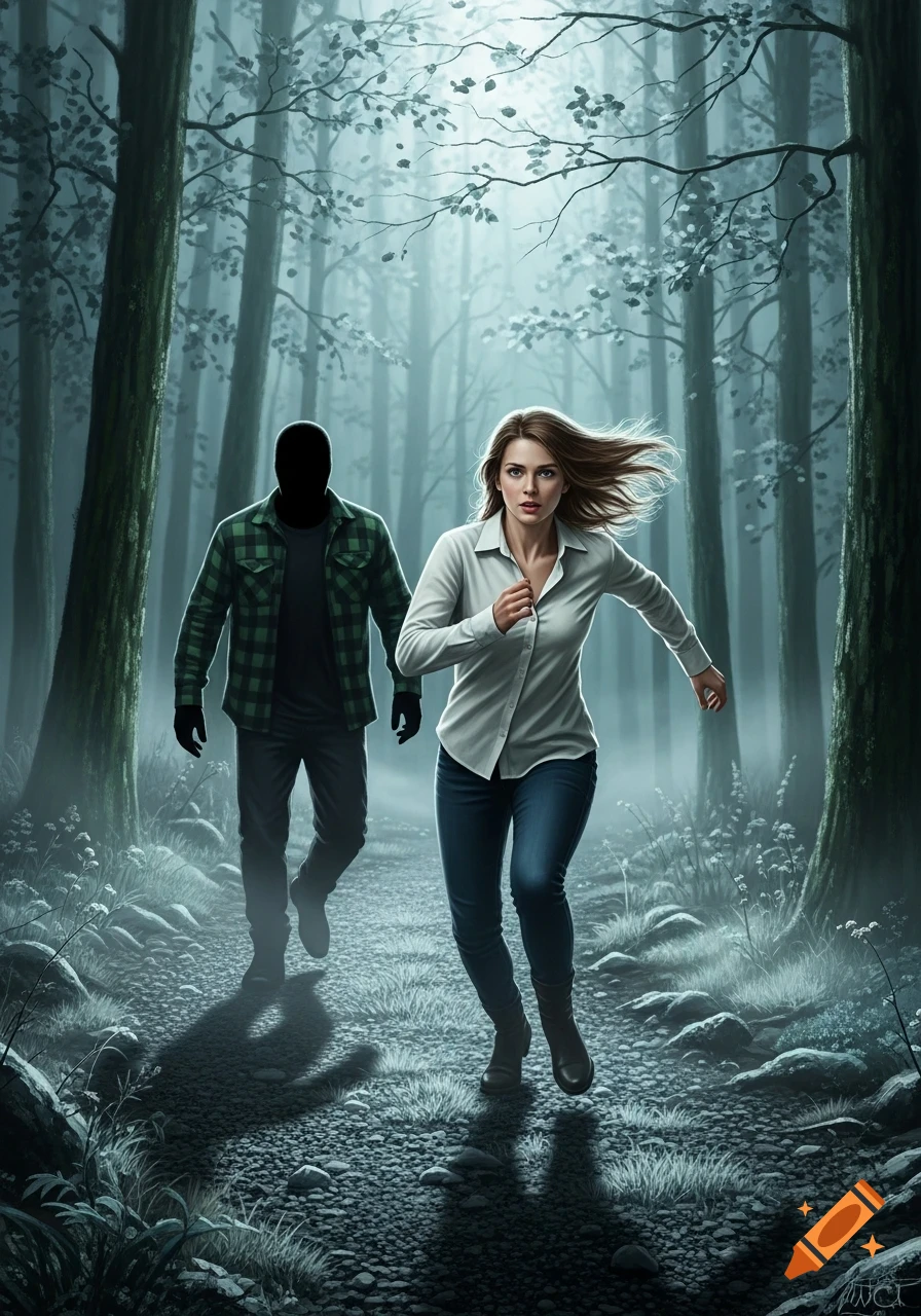 A woman runs frantically through a misty forest on a gravel path ...