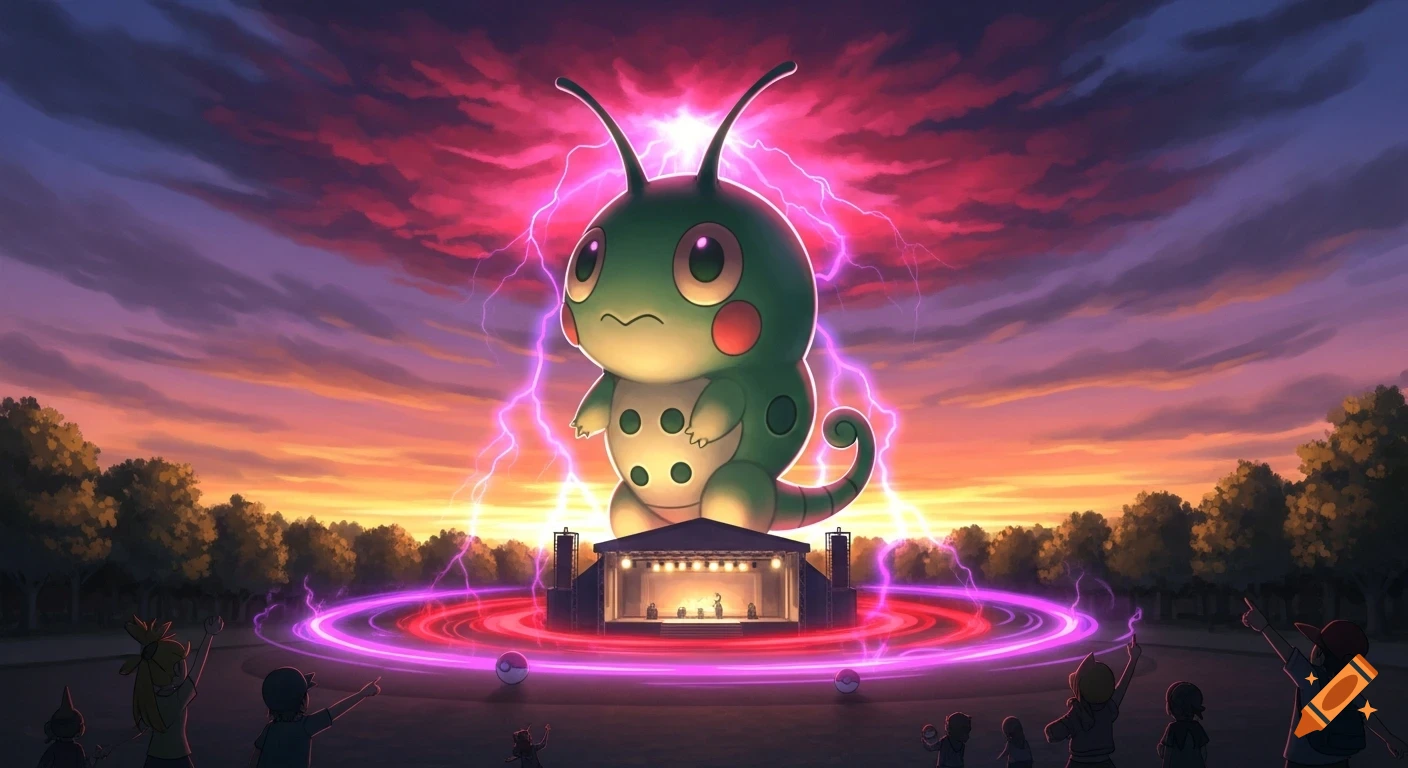 Giant green caterpillar Pokémon with glowing energy and lightning ...