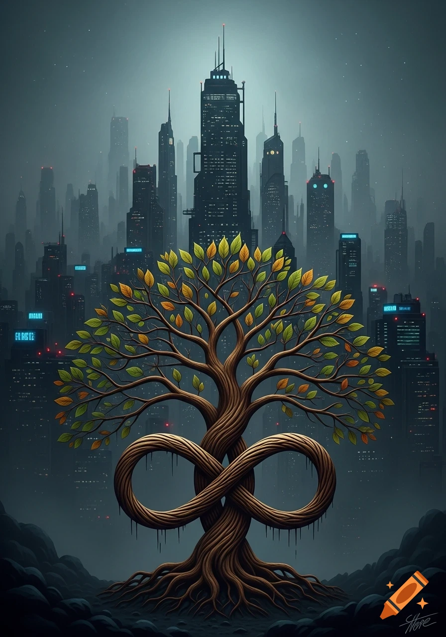 A stylized tree with an infinity symbol trunk stands in front of a dark ...