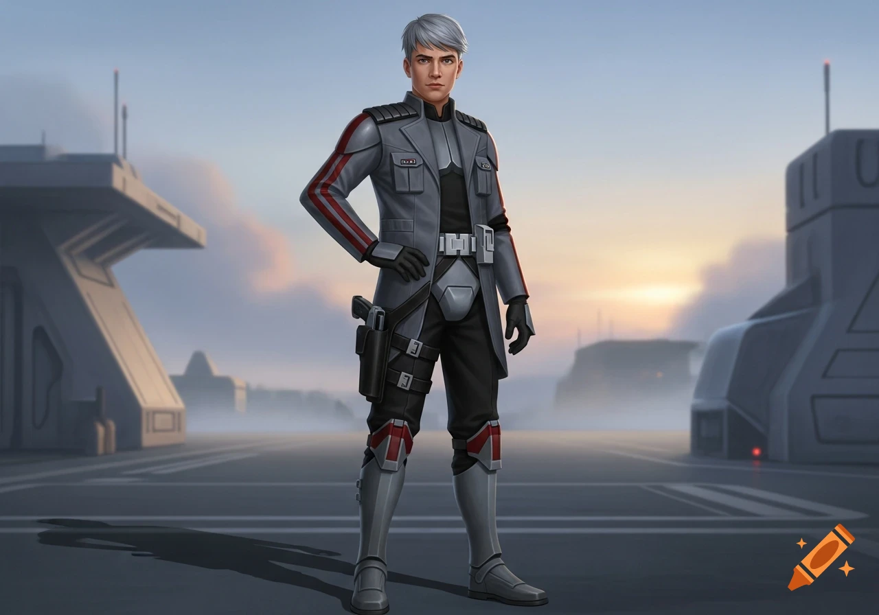 A male character with short grey hair, wearing a grey military-style ...