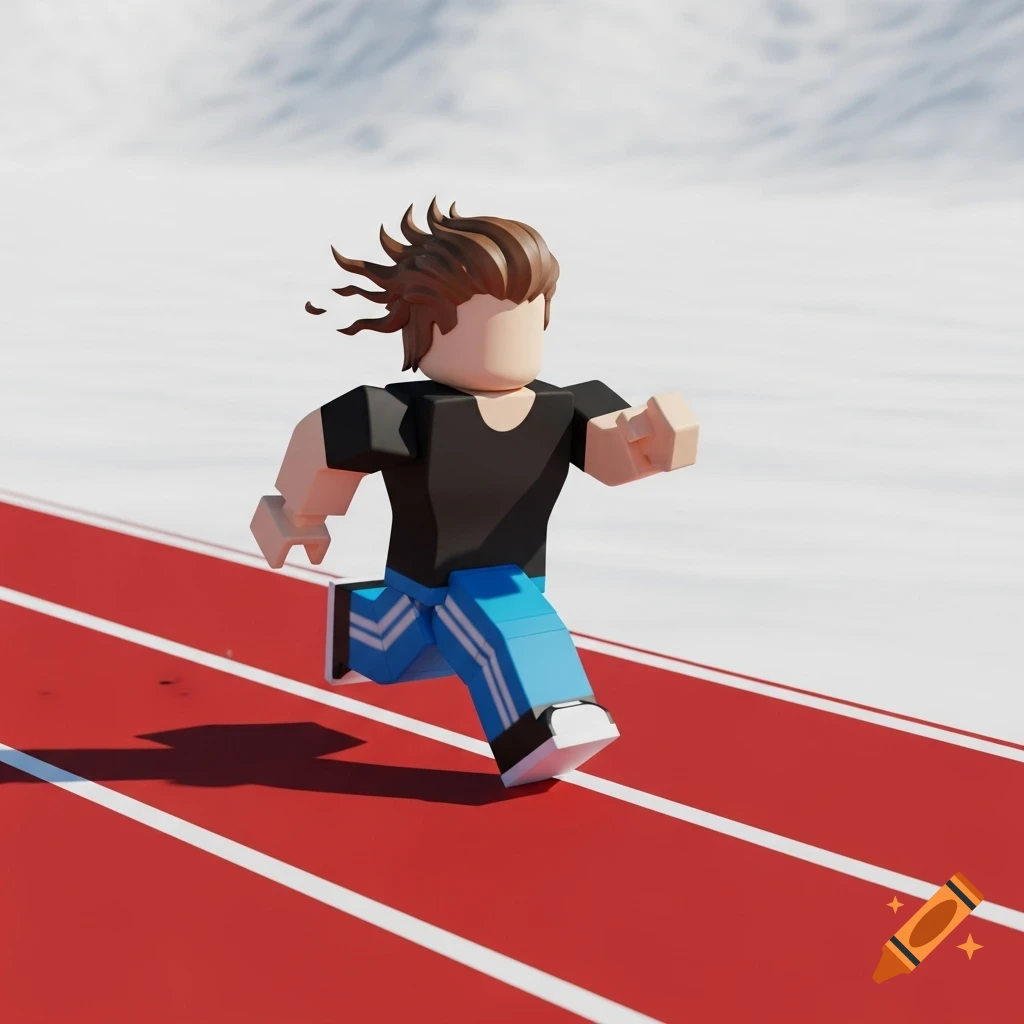 A 3D render of a headless Roblox-style character running on a red track ...