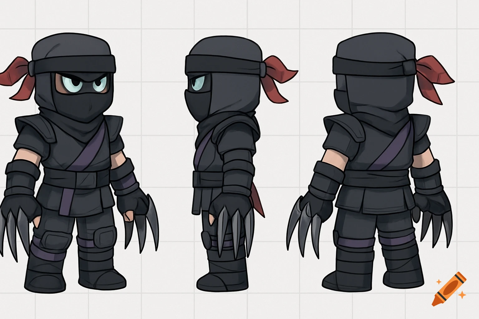 A Roblox-style blocky ninja character reference sheet showing front ...