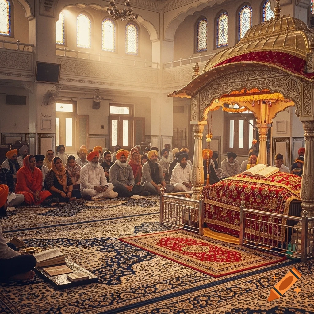 A Sikh congregation sits on the floor inside a beautifully decorated ...