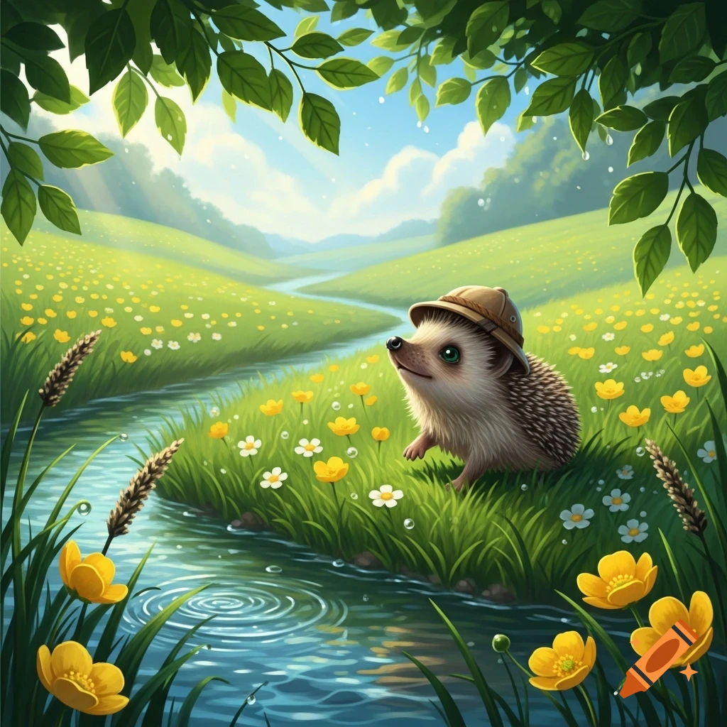 An illustrative image of a cute hedgehog wearing a hat, sitting in a ...