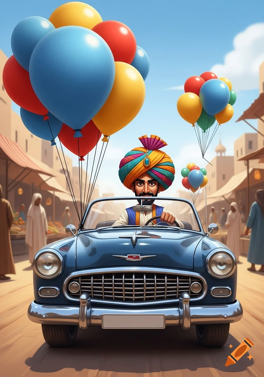 Cartoon illustration of a man in a colorful turban driving a blue ...