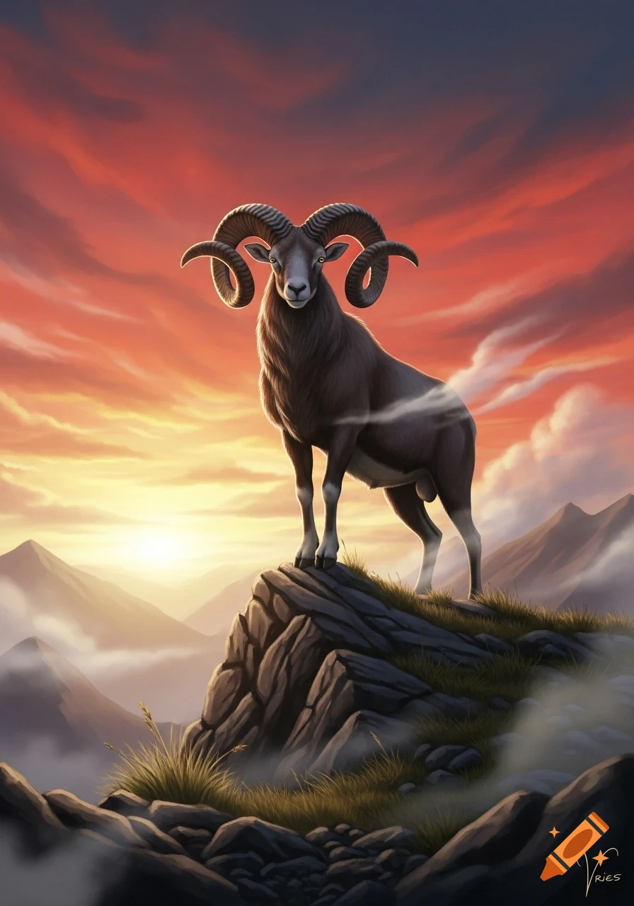 A majestic ram with large, curved horns stands on a rocky mountain peak ...