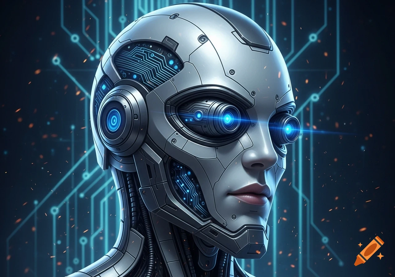 Close-up of a futuristic silver robot head with glowing blue eyes and ...