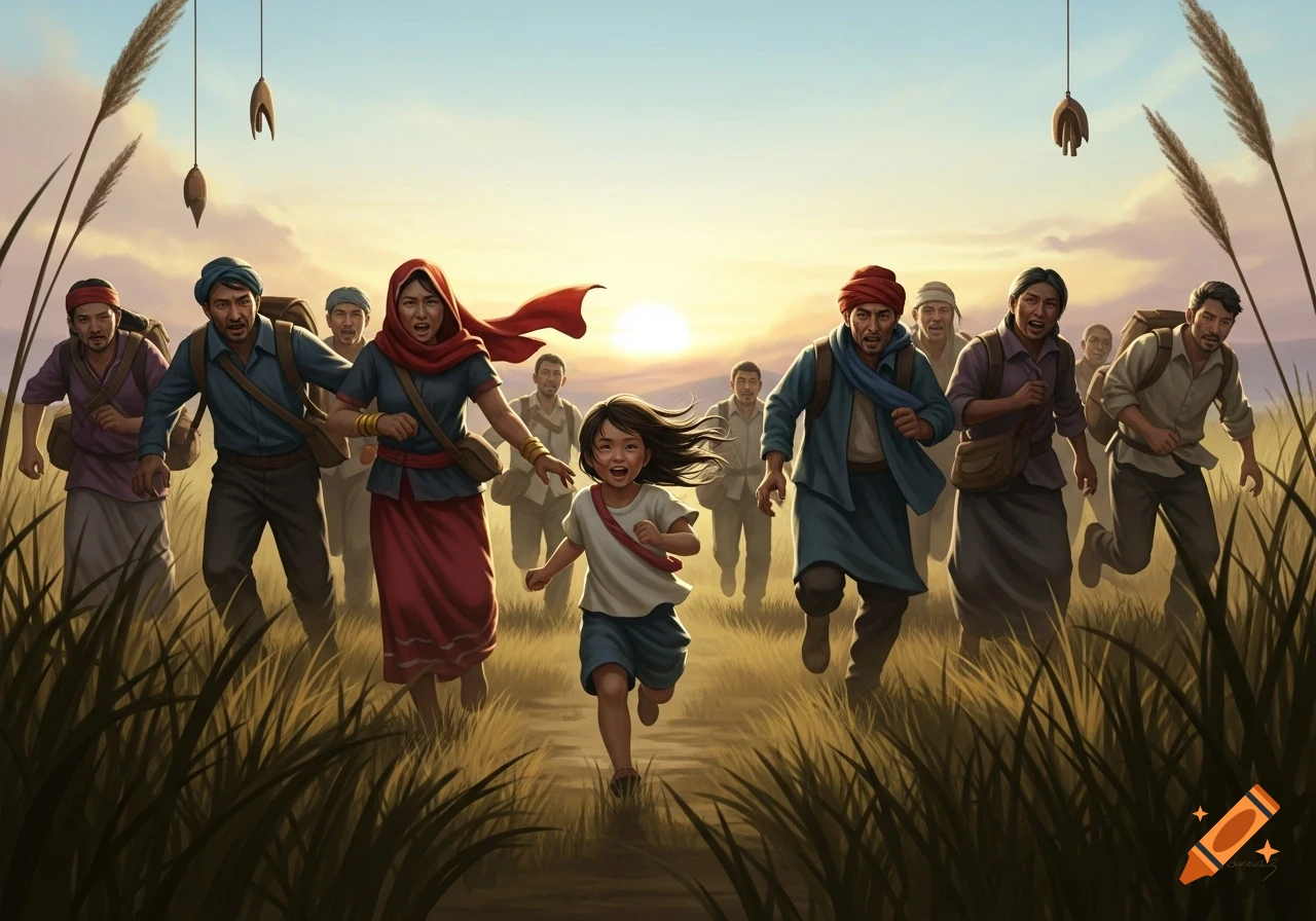 A child runs through a grassy field at sunset, followed by a group of ...