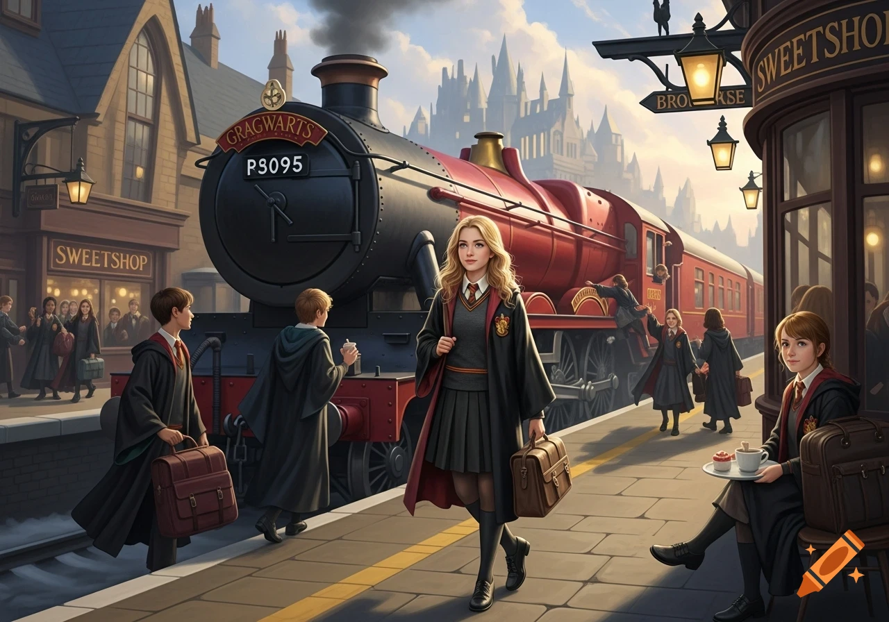 Students in wizard robes on a busy platform next to a red steam train ...