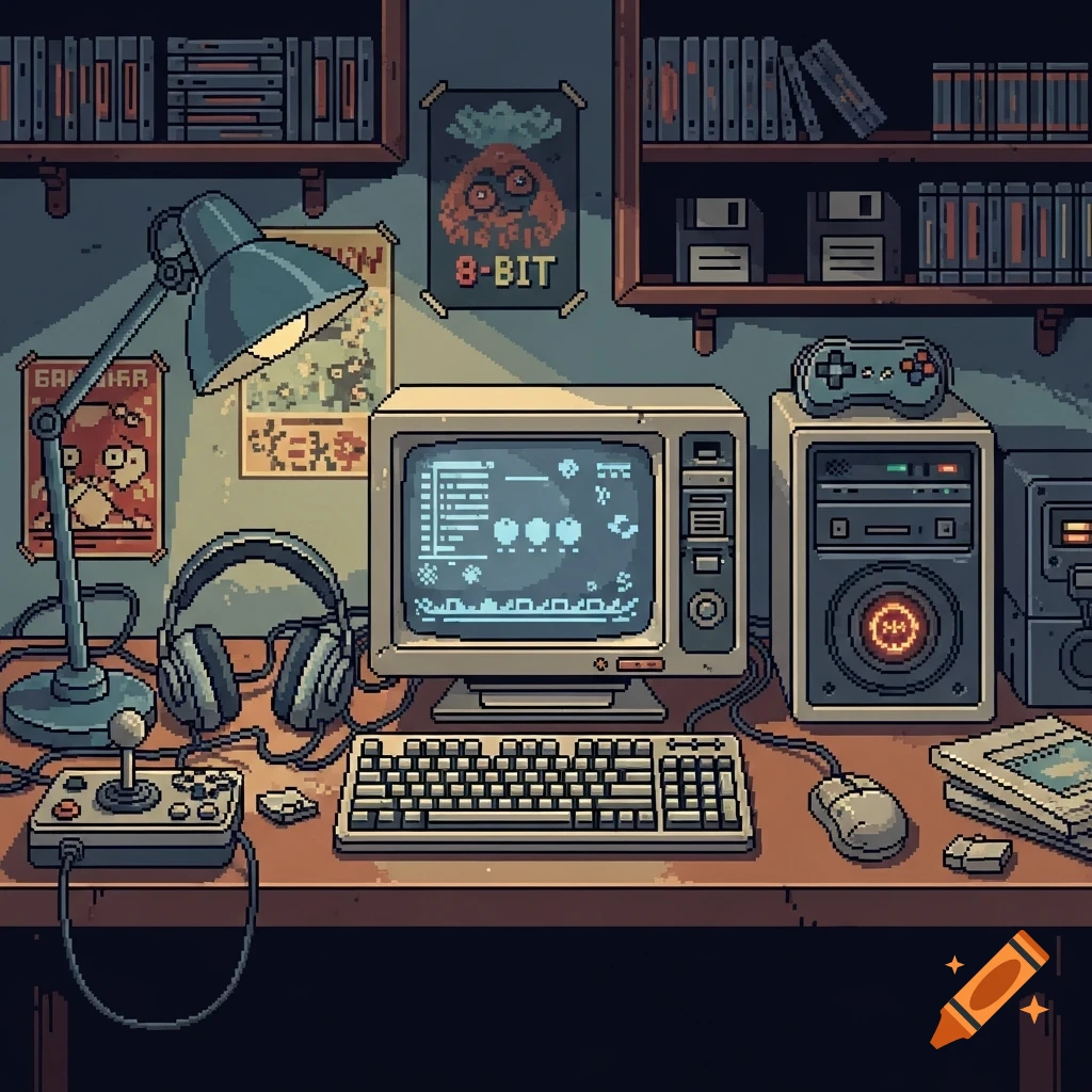 A pixel art illustration of a retro gamer's desk with an old computer ...