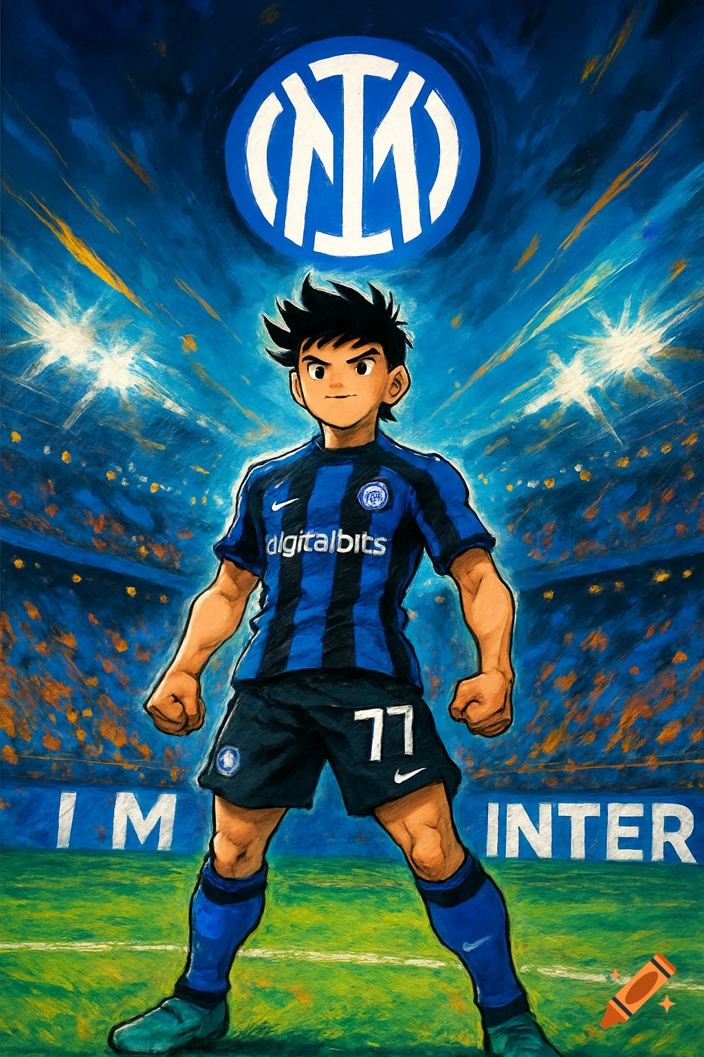Anime-style boy in an Inter Milan soccer jersey with number 77 ...