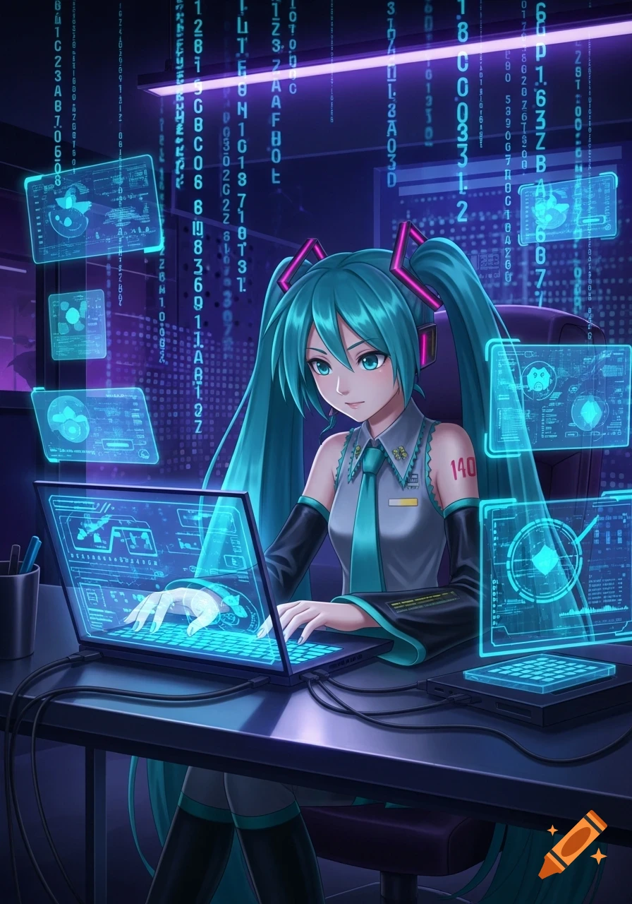 Hatsune Miku with blue pigtails sits at a desk, typing on a laptop with ...