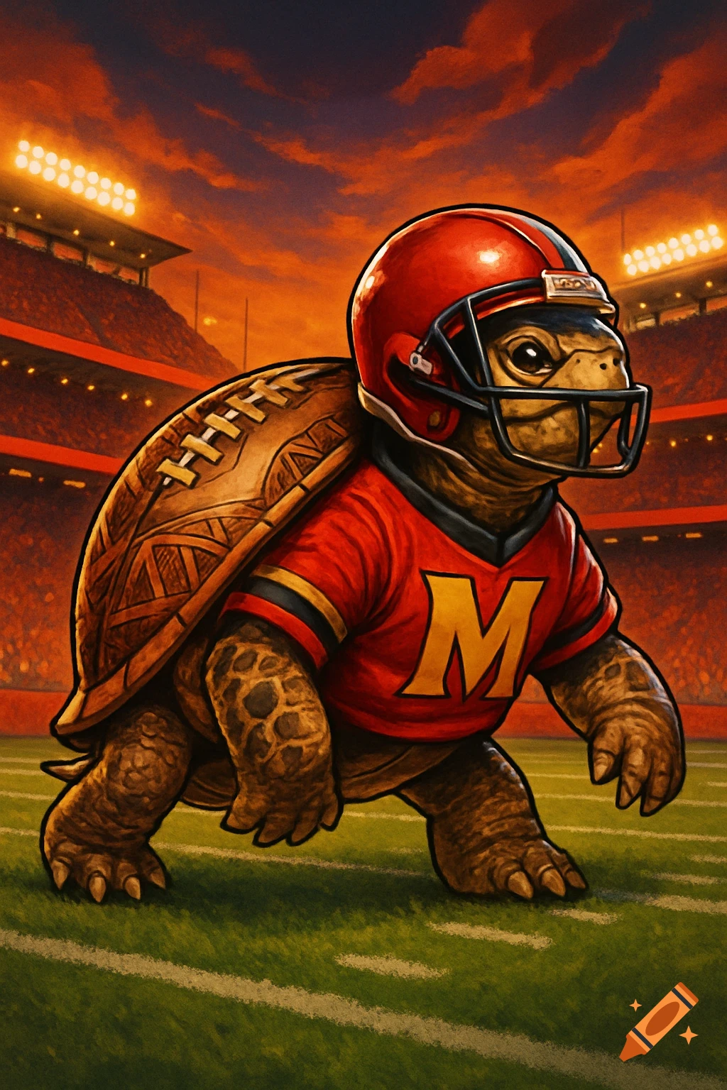 A cartoonish turtle wearing a red football helmet and a red jersey with ...