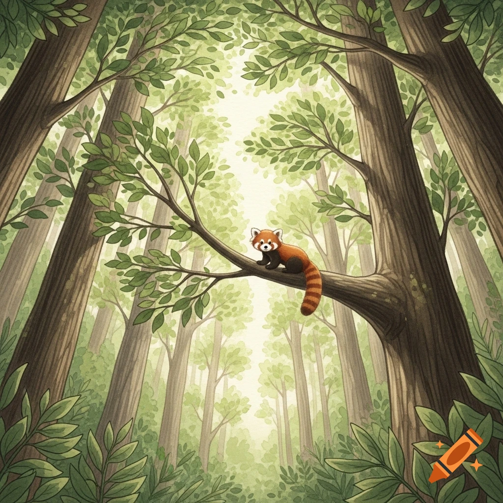 A watercolor and pencil illustration of a red panda perched on a tree ...
