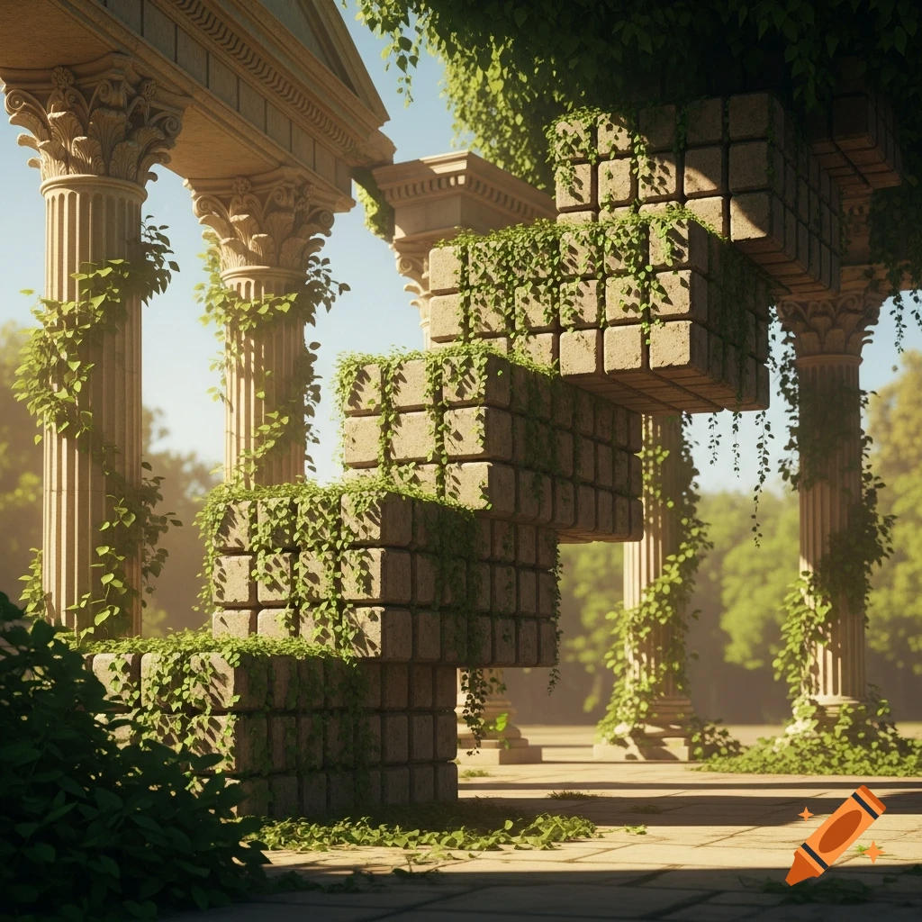 Roman columns and blocky stairs heavily overgrown with green vines in a ...