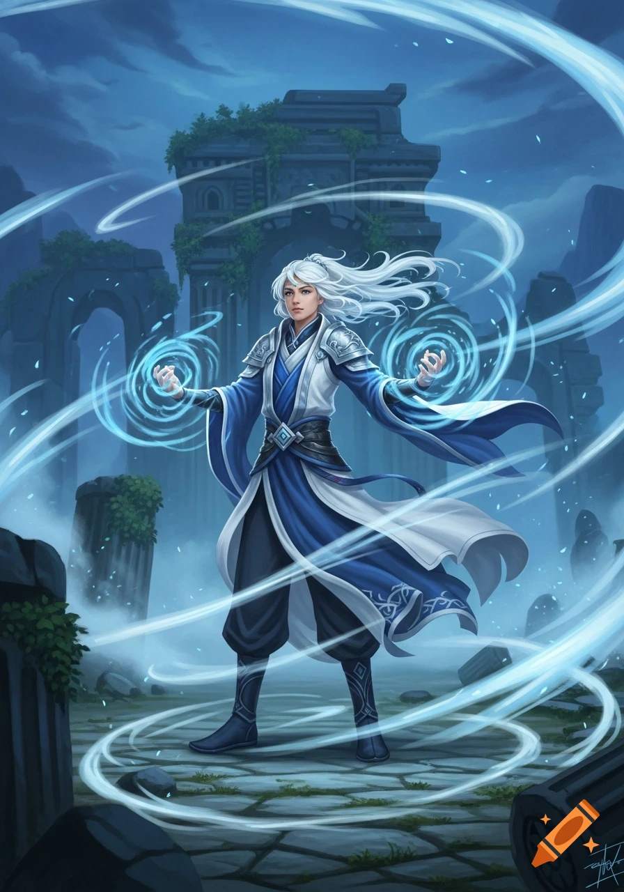 A white-haired male fantasy character in blue and white robes conjures ...