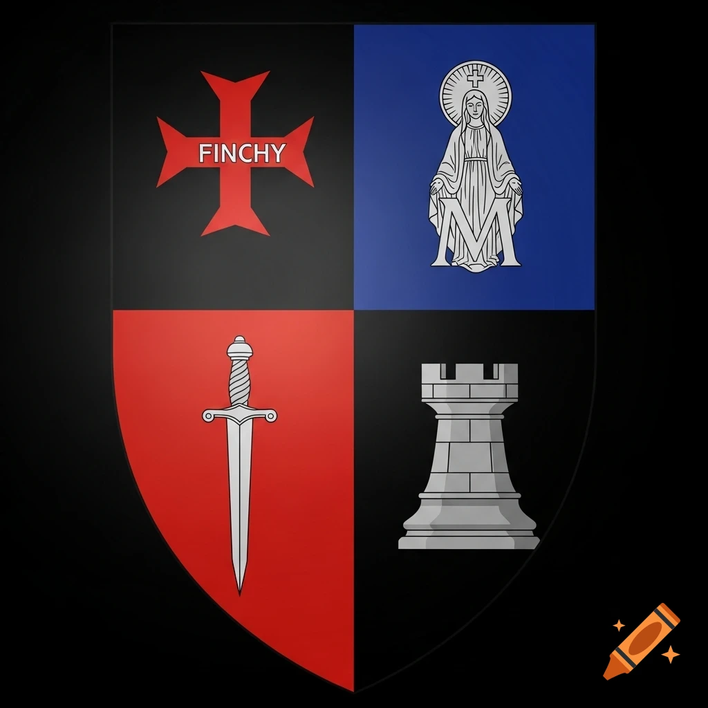 A coat of arms shield with four quadrants: a red 'FINCHY' cross on ...