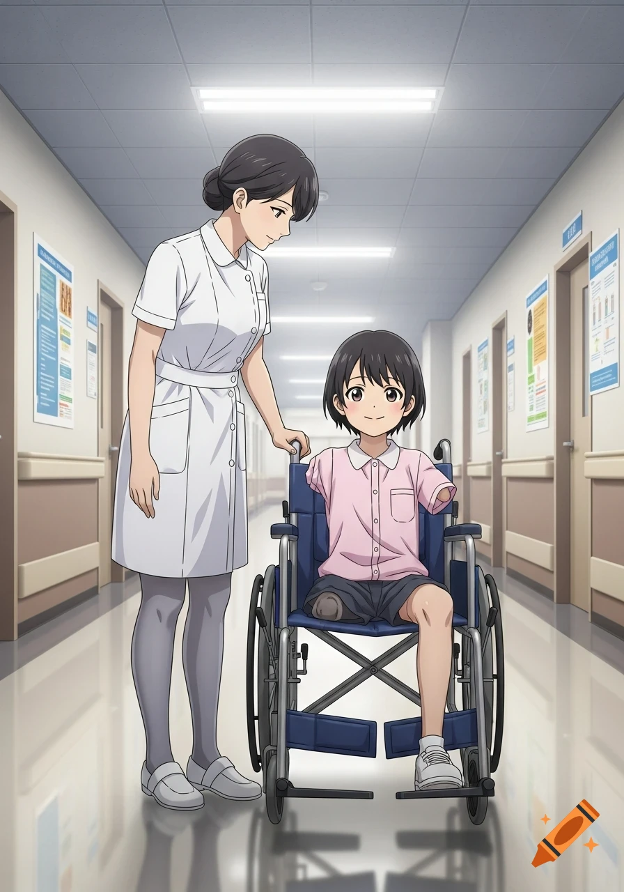 An anime-style image of a nurse in a white uniform standing behind a ...