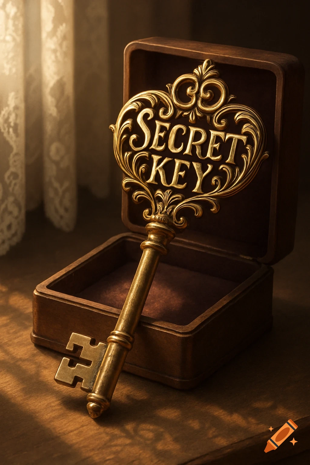 An ornate golden key with 'SECRET KEY' inscribed on its handle, resting ...