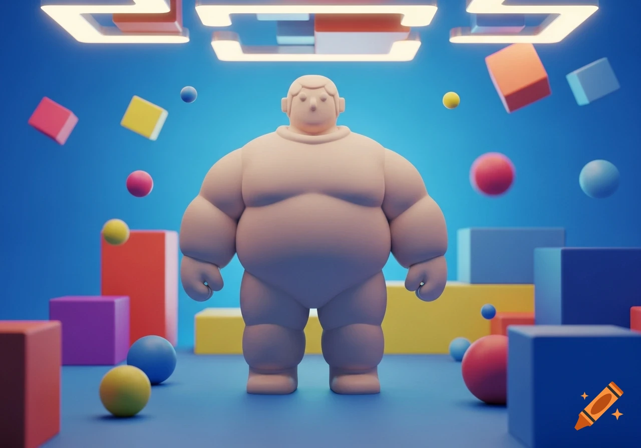 A beige, plump, stylized character stands in a blue room filled with ...