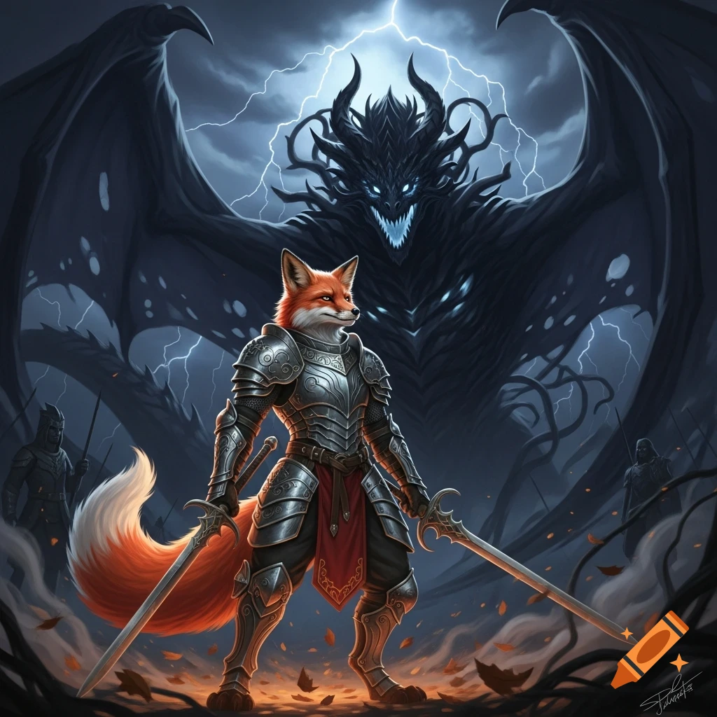 An anthropomorphic red fox in shining armor holding two swords stands ...