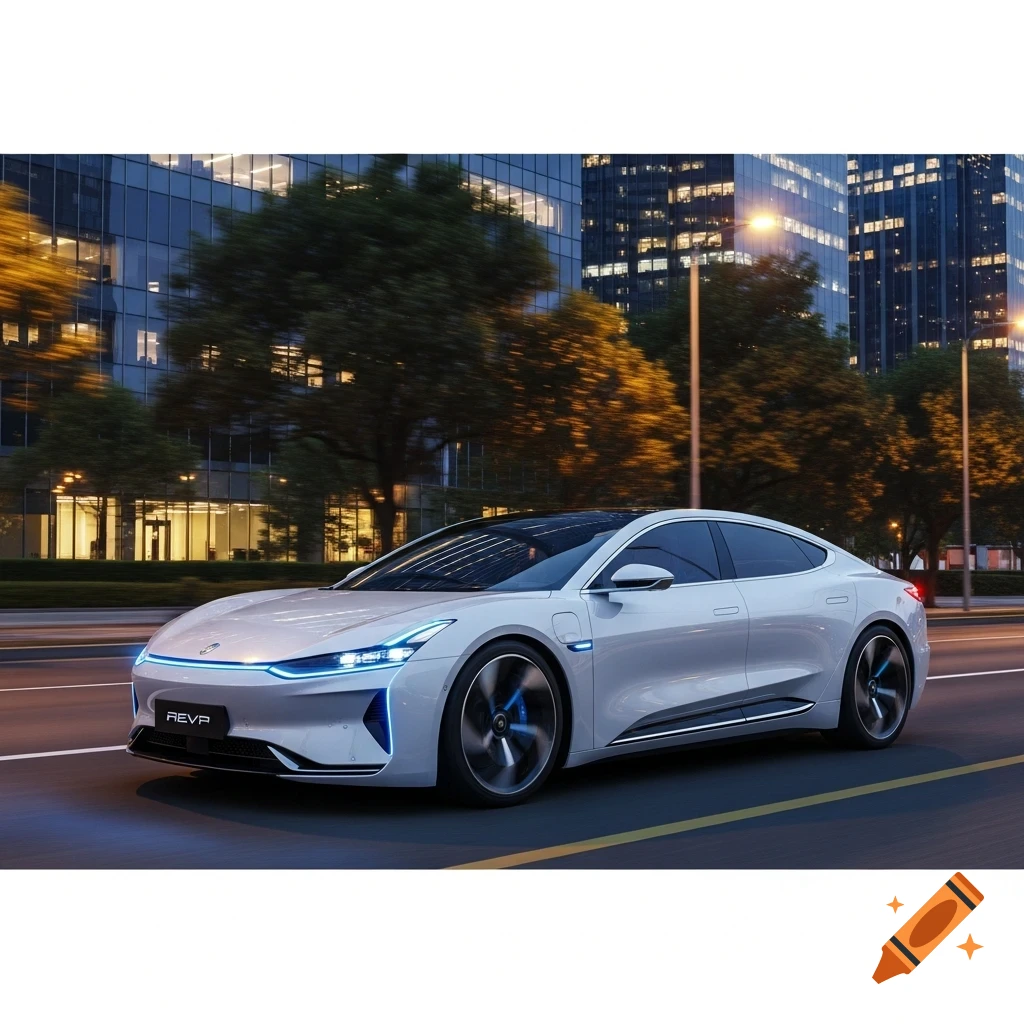A sleek white electric car with blue LED accents drives on a city ...