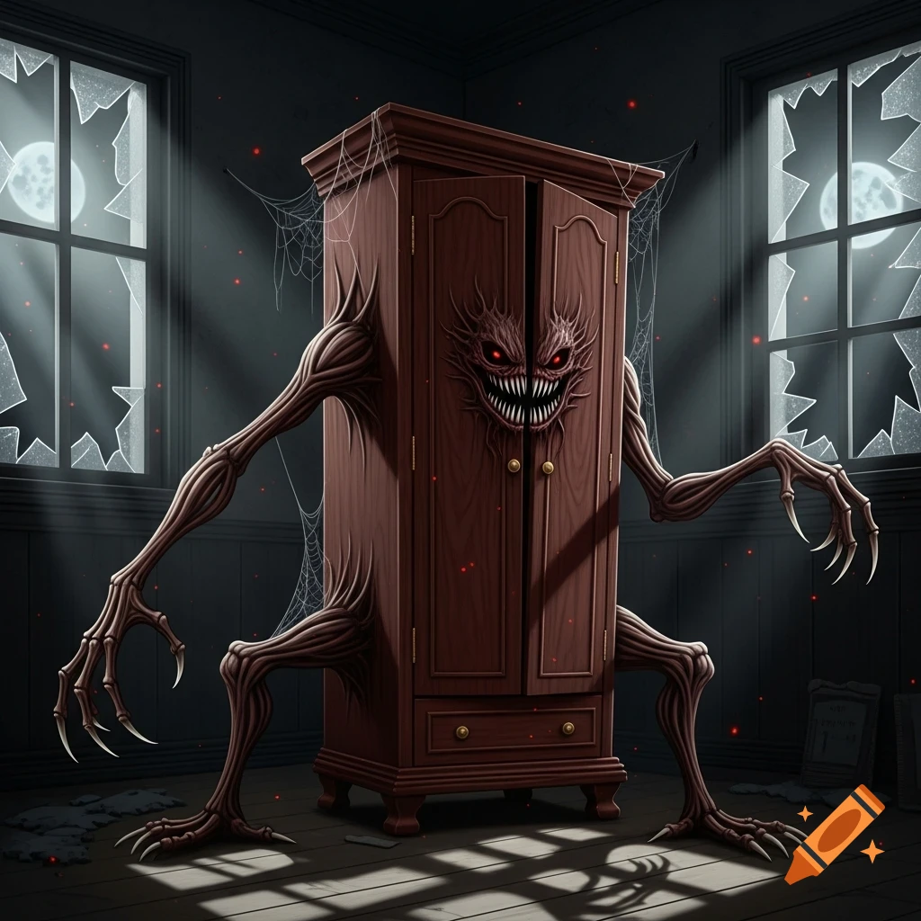 A menacing mimic monster wardrobe with red eyes, sharp teeth, and ...