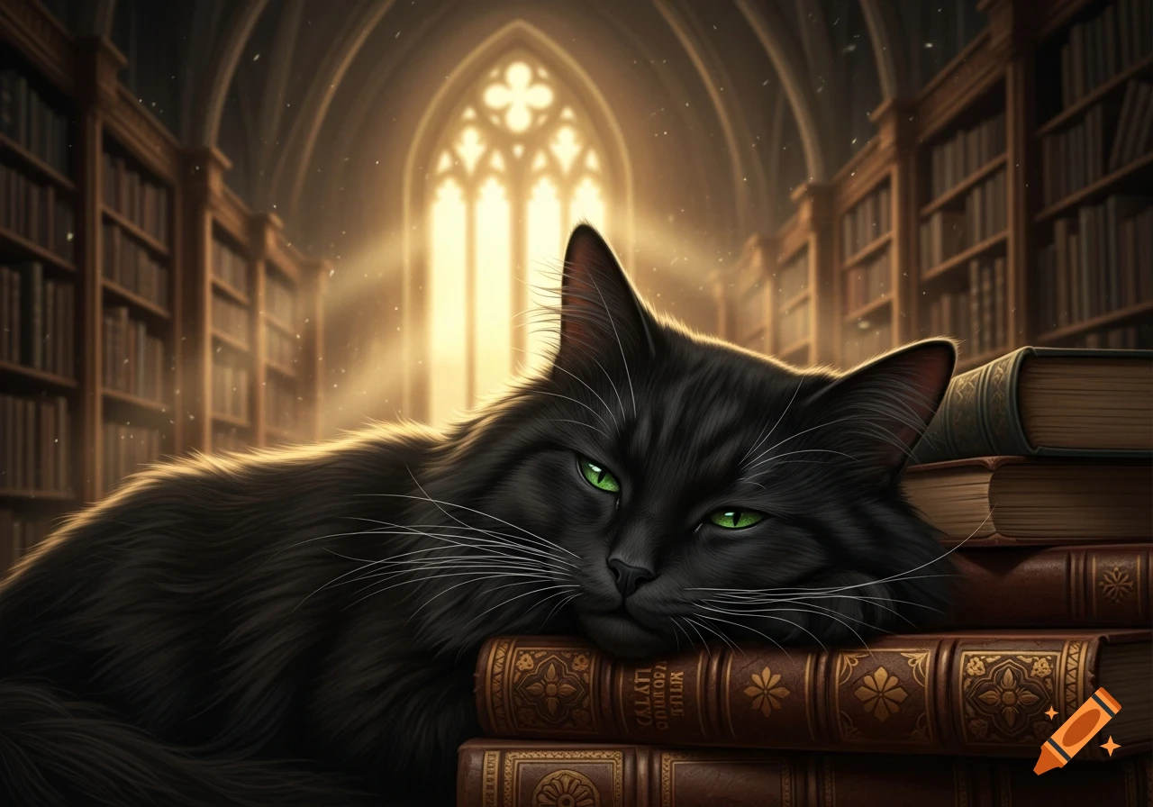 A black cat with emerald green eyes sleeps on a stack of ornate leather ...