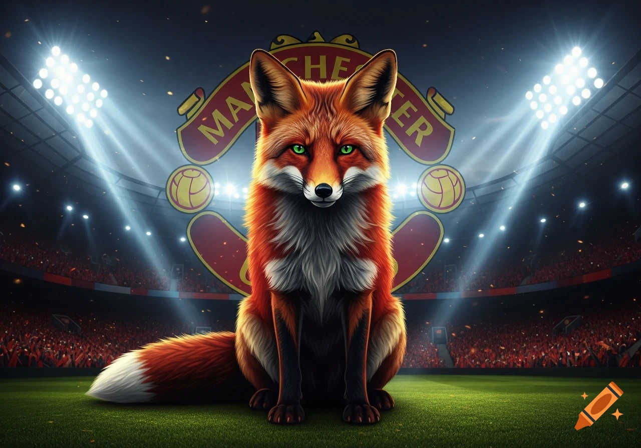 A stylized fox with green eyes sits on a grassy football pitch in a ...