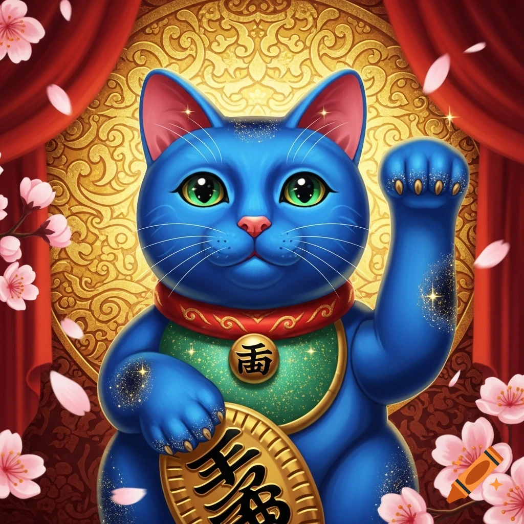 A royal blue lucky cat with green eyes raises a paw and holds a gold ...
