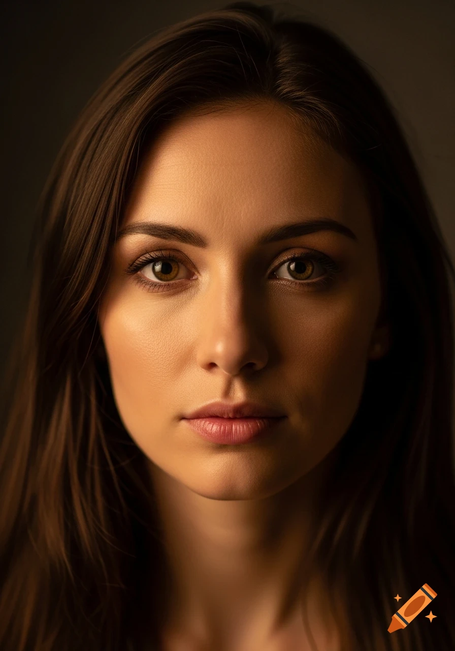 Close-up, ultra-realistic portrait of a woman with long brown hair ...