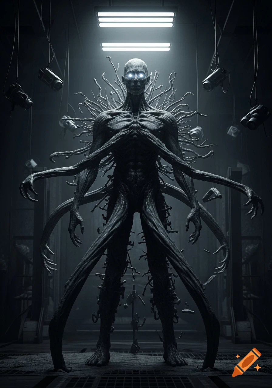 A tall, gaunt, multi-limbed humanoid entity with glowing eyes stands in ...